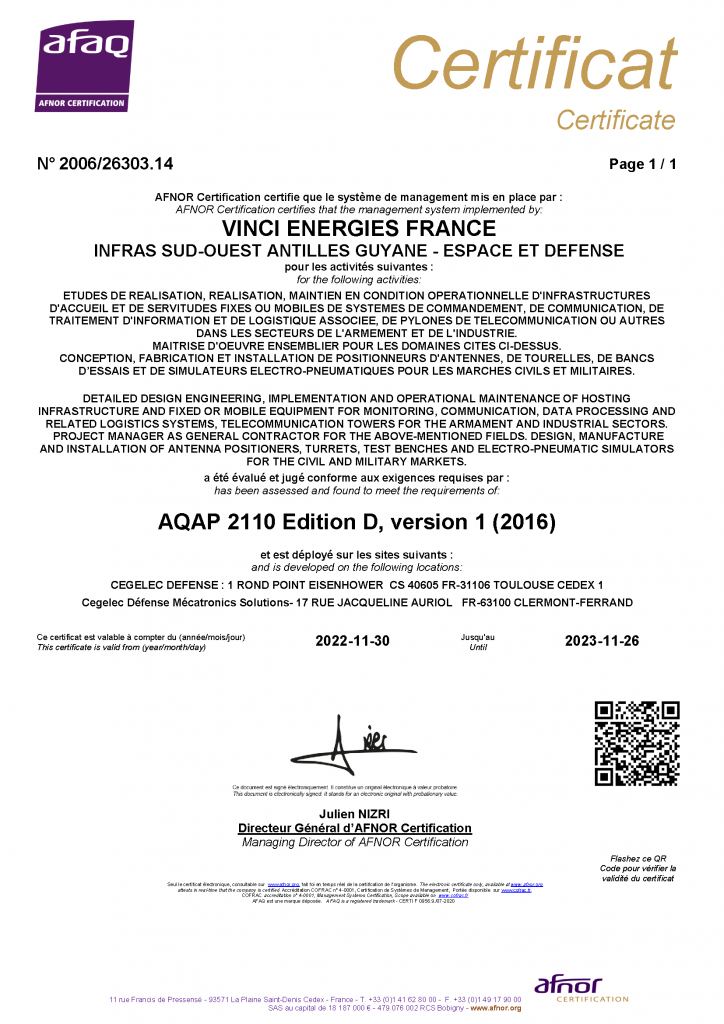 Certification AQAP 2110 : 2022 - Cegelec Defense