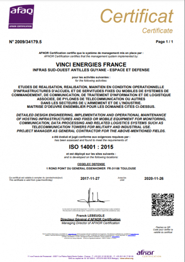 Certification ISO 14001 : 2015 - Cegelec Defense