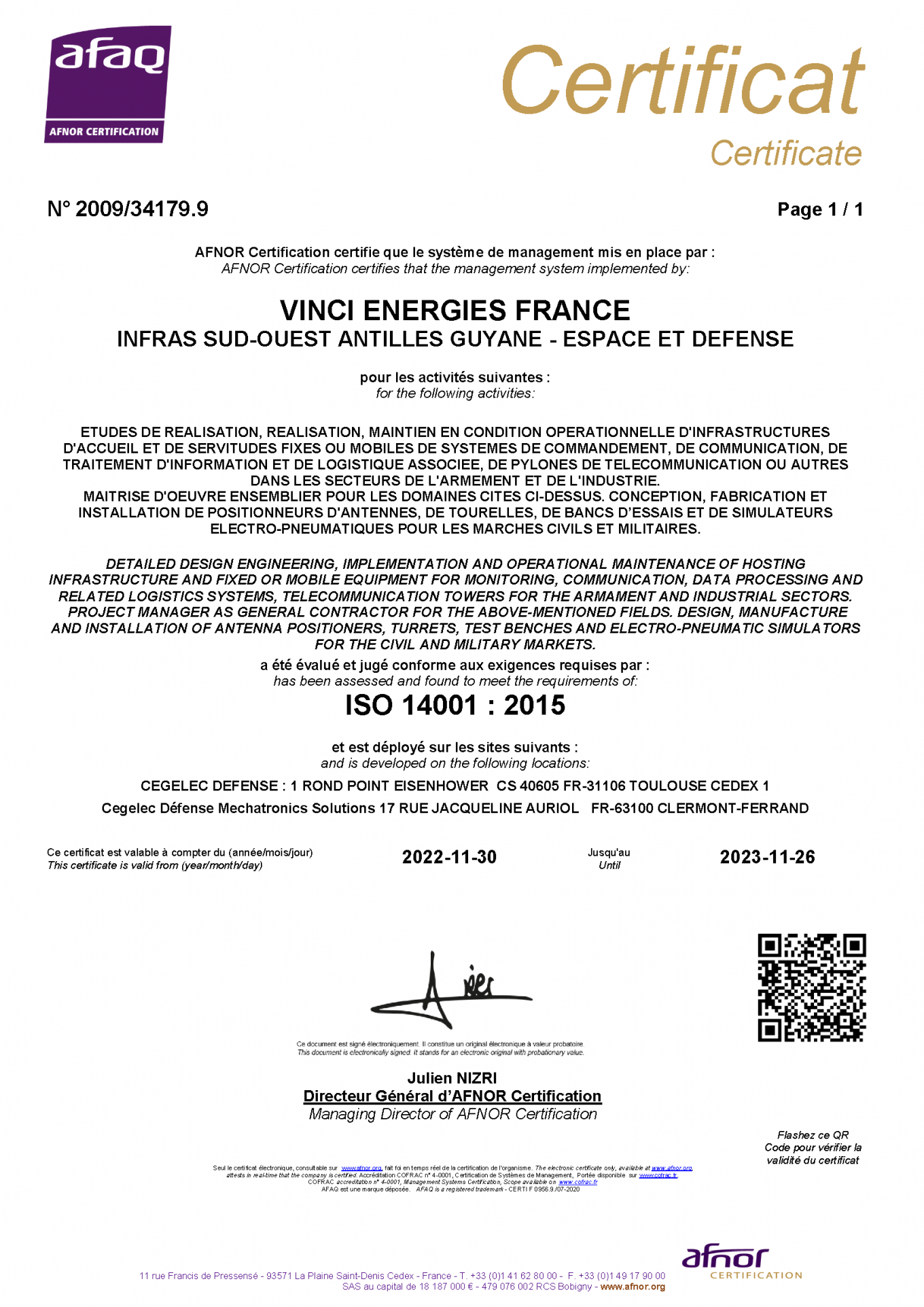 Certification ISO 14001 : 2015 - Cegelec Defense